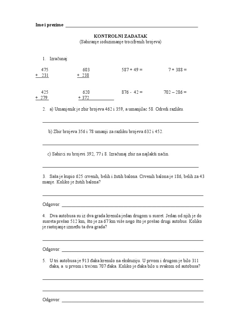 Sabiranje I Oduzimanje Trocifrenih Brojeva | PDF Sabiranje I Oduzimanje Trocifrenih Brojeva | PDF