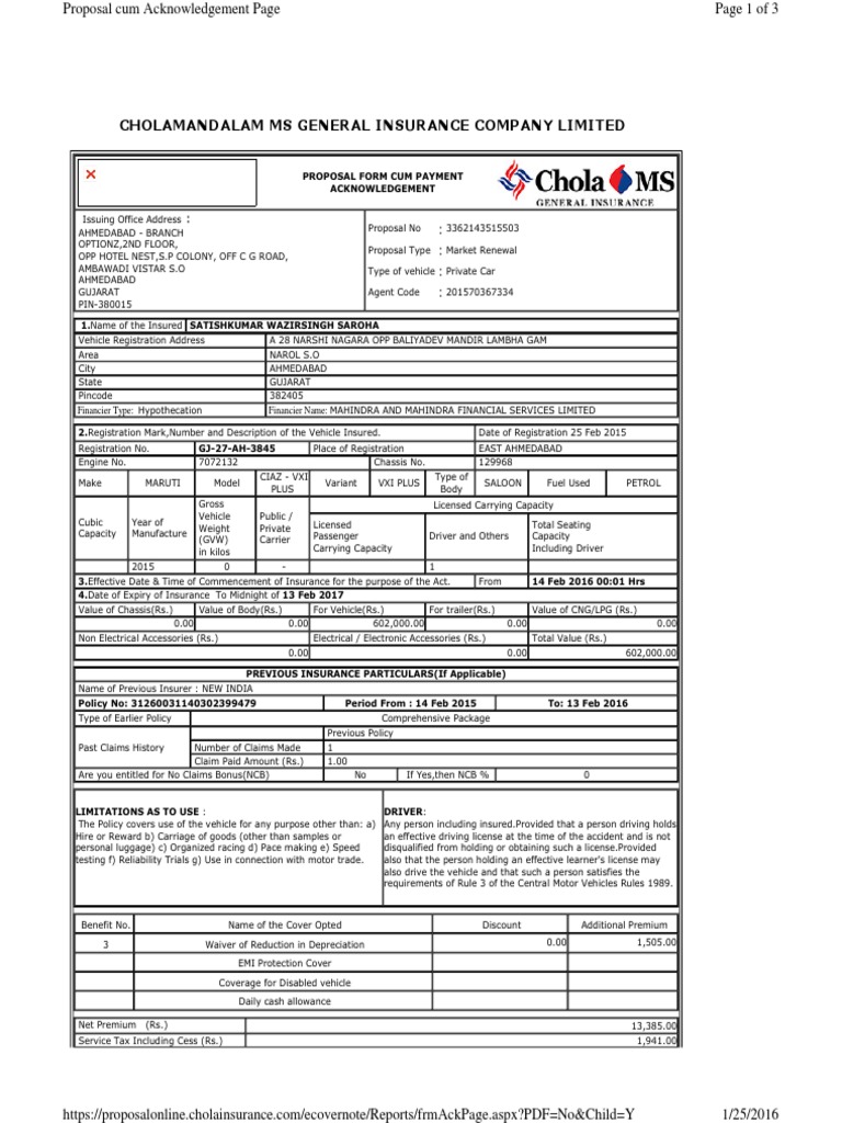 Renewing Comprehensive Motor Insurance: Proposal Form and Payment ...