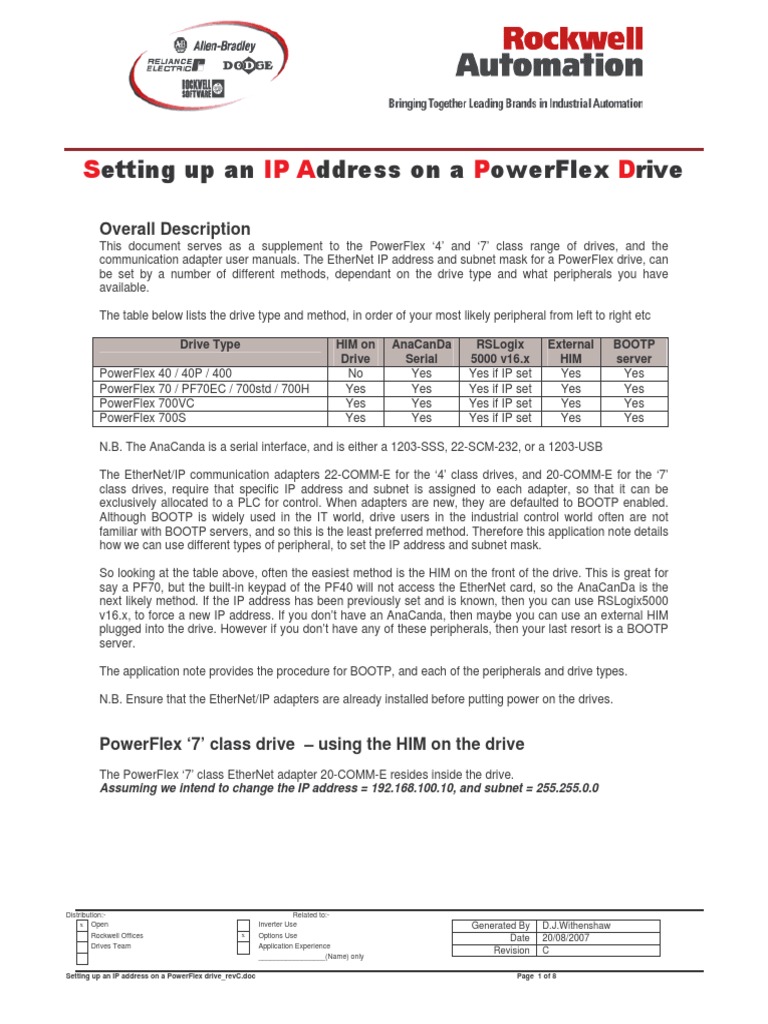 Setting Up An IP Address On A PowerFlex Drive - Revc | PDF | Ip Address | Computer Networking