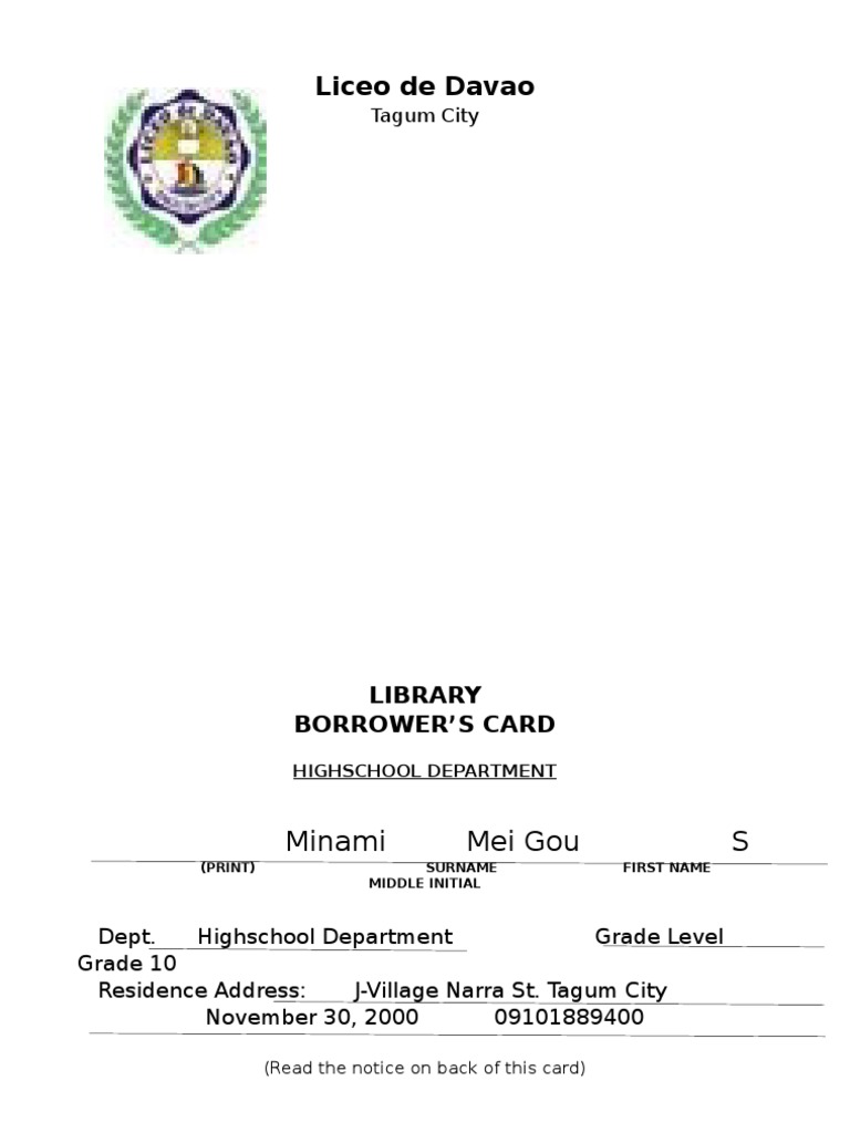 Liceo de Davao High School Library Card | PDF