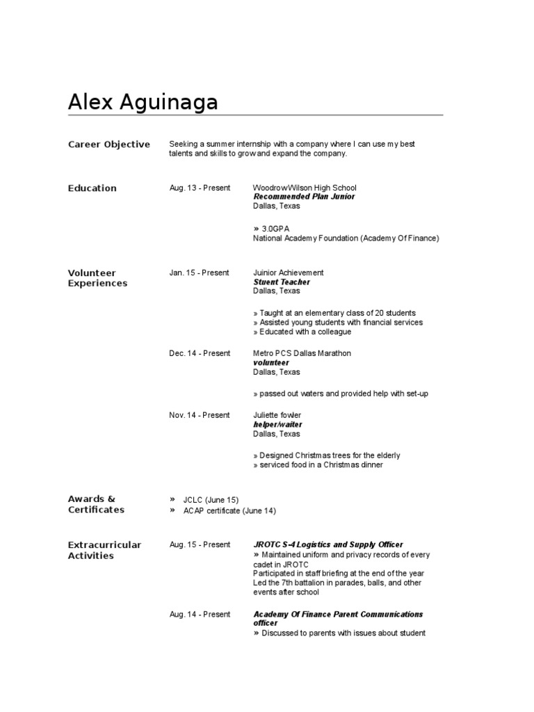 Alex Aguinaga's Internship Resume | PDF | Wellness