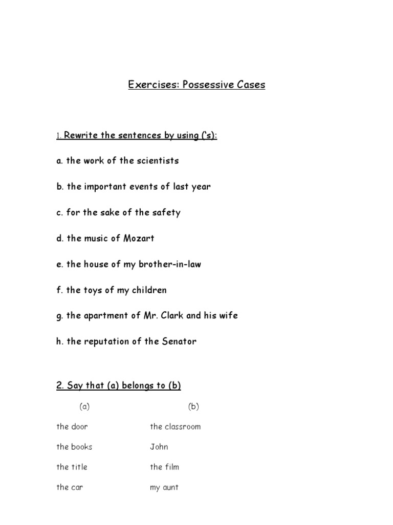 Possessive Case Exercises and Solutions | PDF