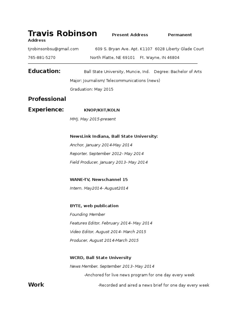 Travis Robinson's Journalism Resume | PDF | Career & Growth