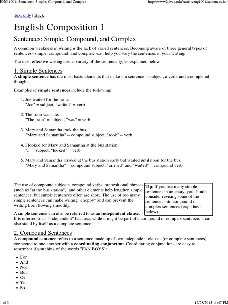 ENG 1001 - Sentences - Simple, Compound, and Complex | PDF | Sentence ...