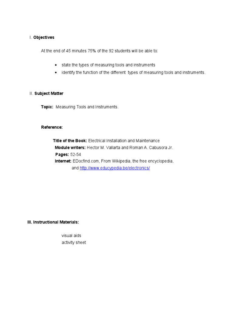 Lesson Plan 1st Year Electrical | PDF | Electric Current | Voltage