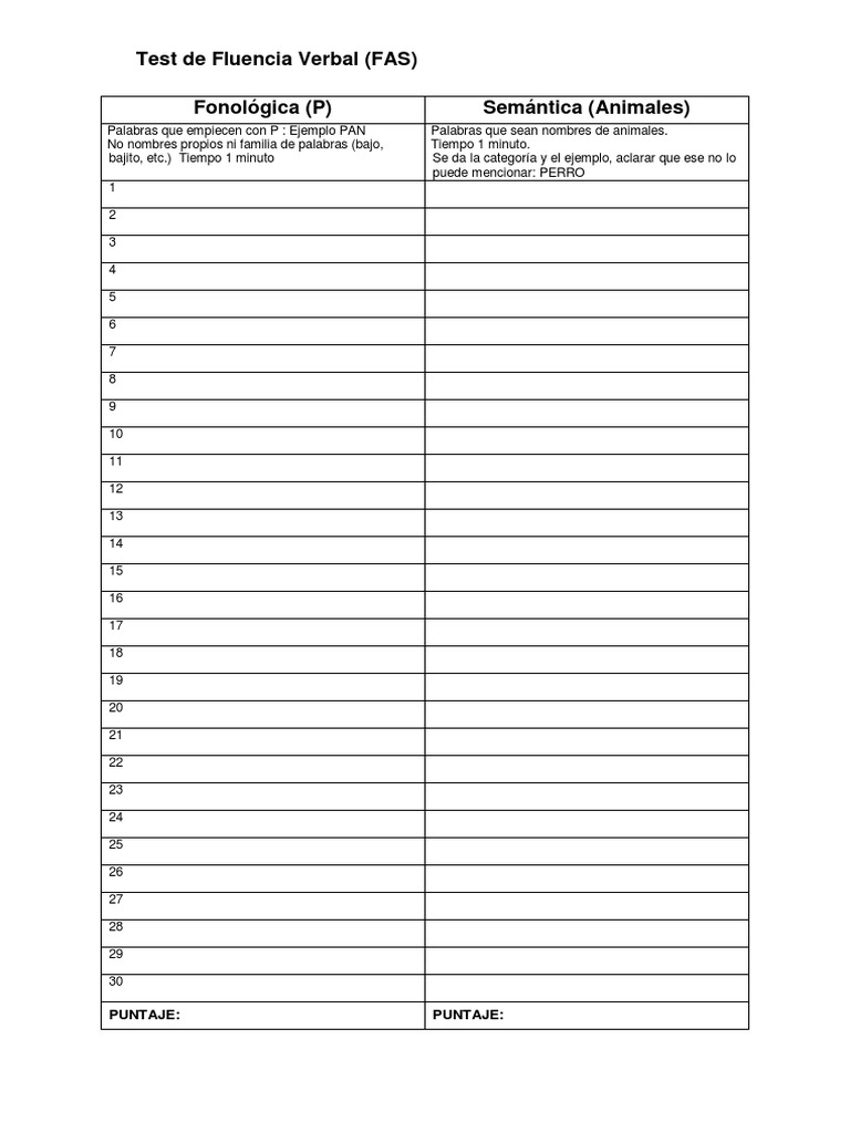 Test de Fluencia Verbal (FAS) | PDF | Estudios de idiomas extranjeros