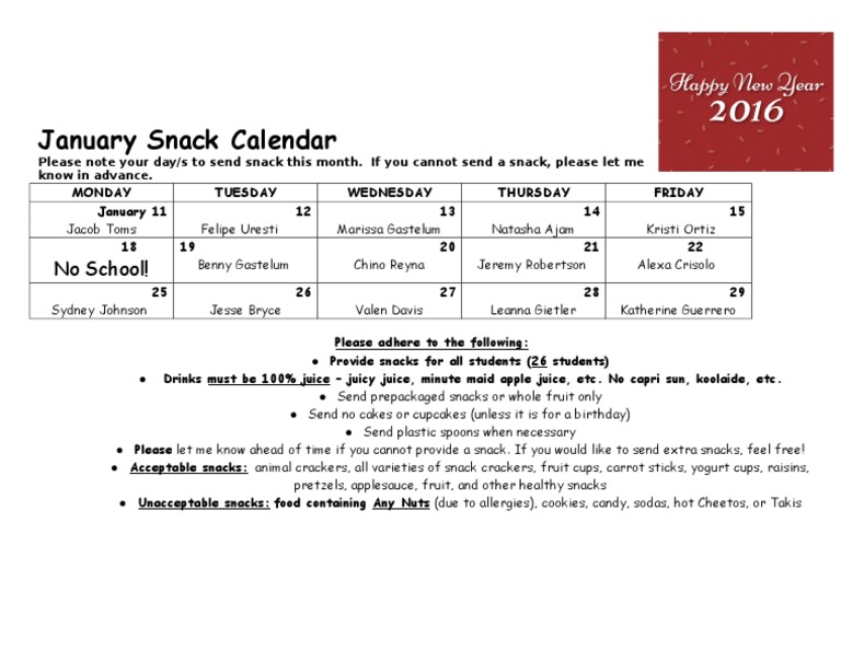 January Snack Schedule and Guidelines | PDF