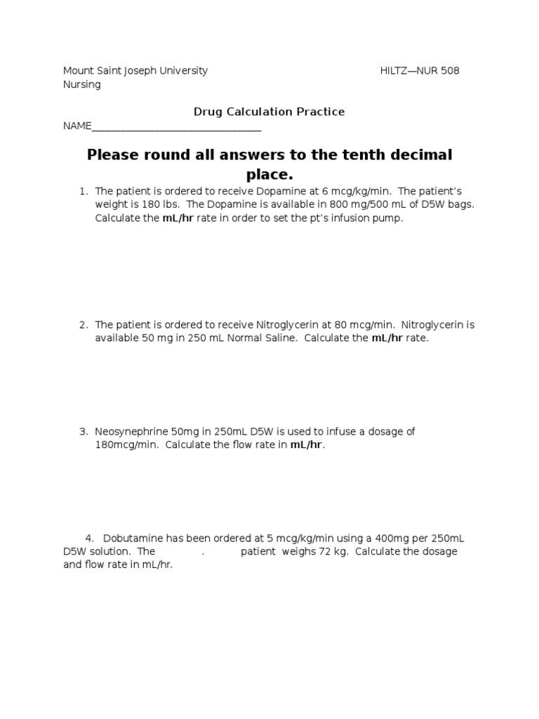 Inotropic Drug Calculation Practice | PDF | Science & Mathematics