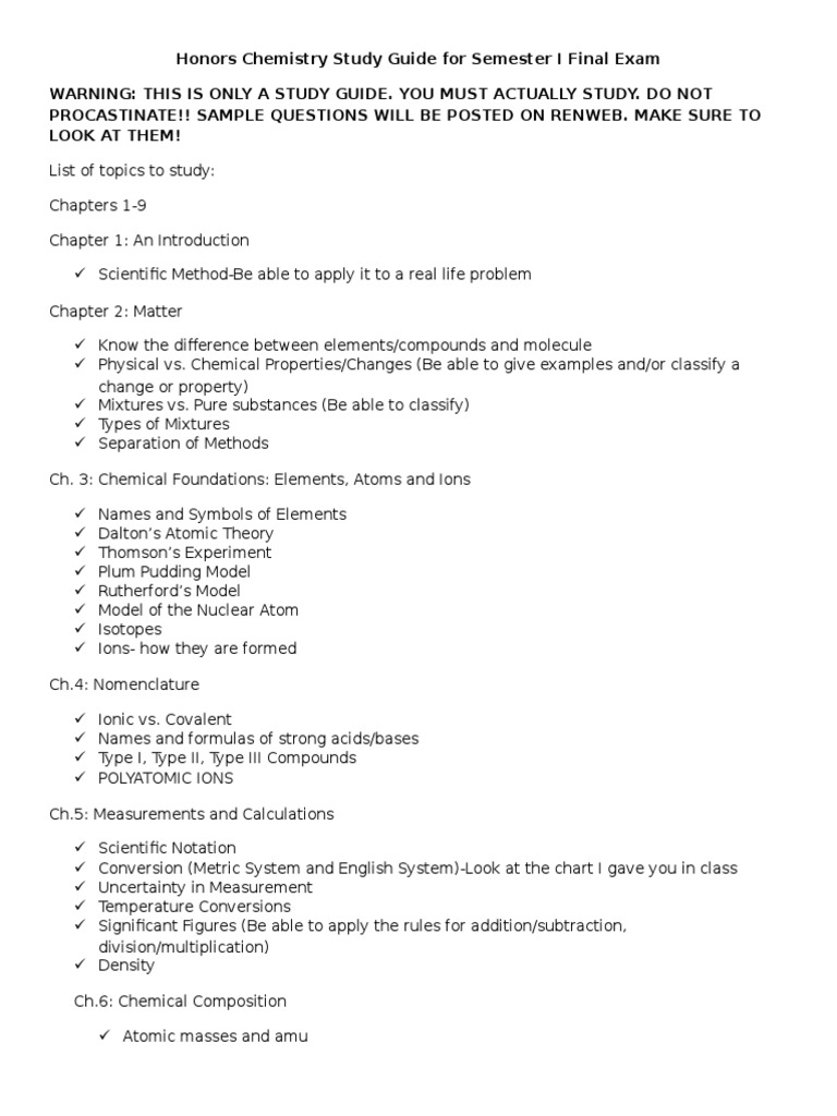 Honors Chemistry Semester I Study Guide | PDF