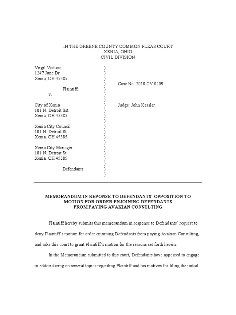 Memorandum in Reponse To Xenia's Opposition To Motion For Order ...