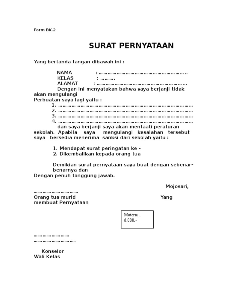Form BK 2.surat Pernyataan Siswa | PDF