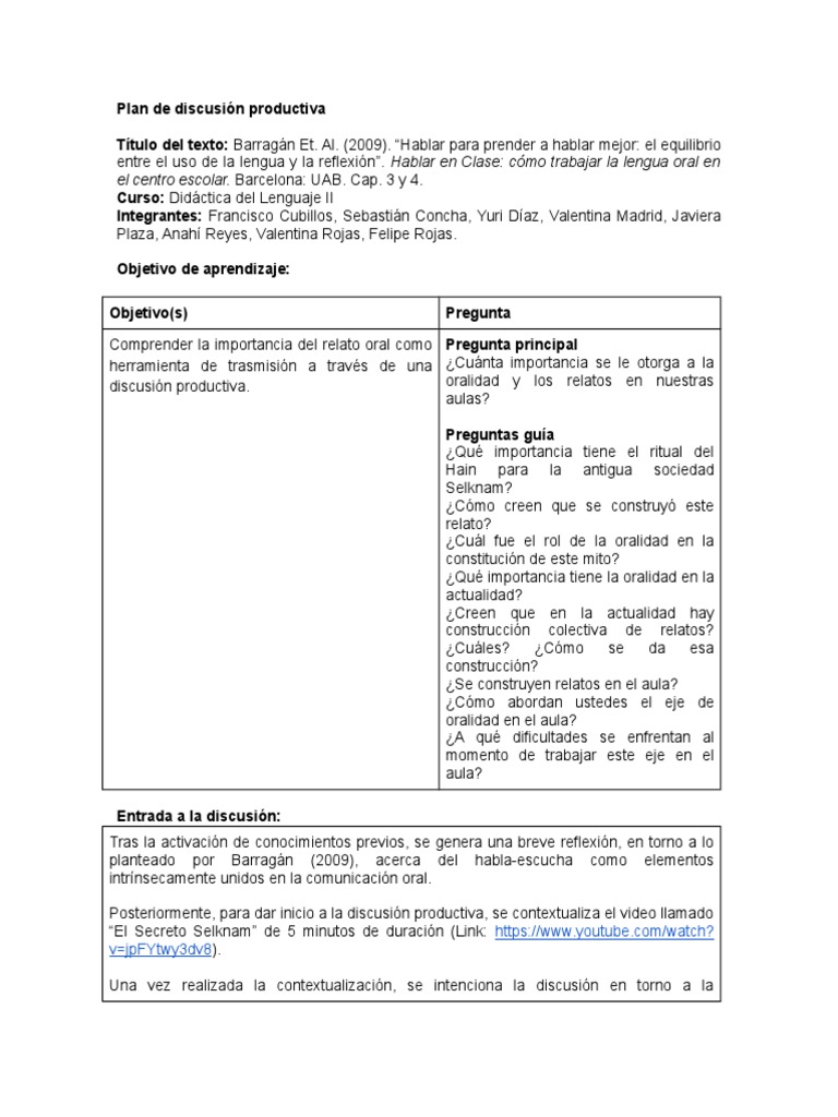 Plan de Discusión Productiva | PDF | Conocimiento | Plan de estudios