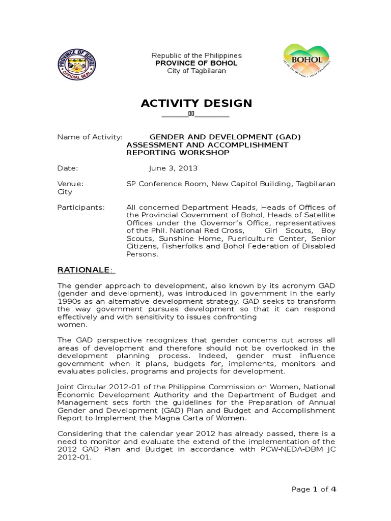 Activity Design-GAD Accomplishmenr Report | Gender And Development | Gender