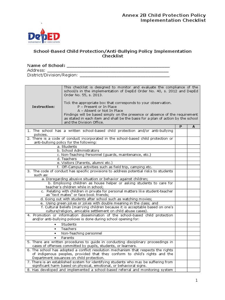 SIP Annex 2B - Child Protection Policy Implementation Checklist | PDF ...