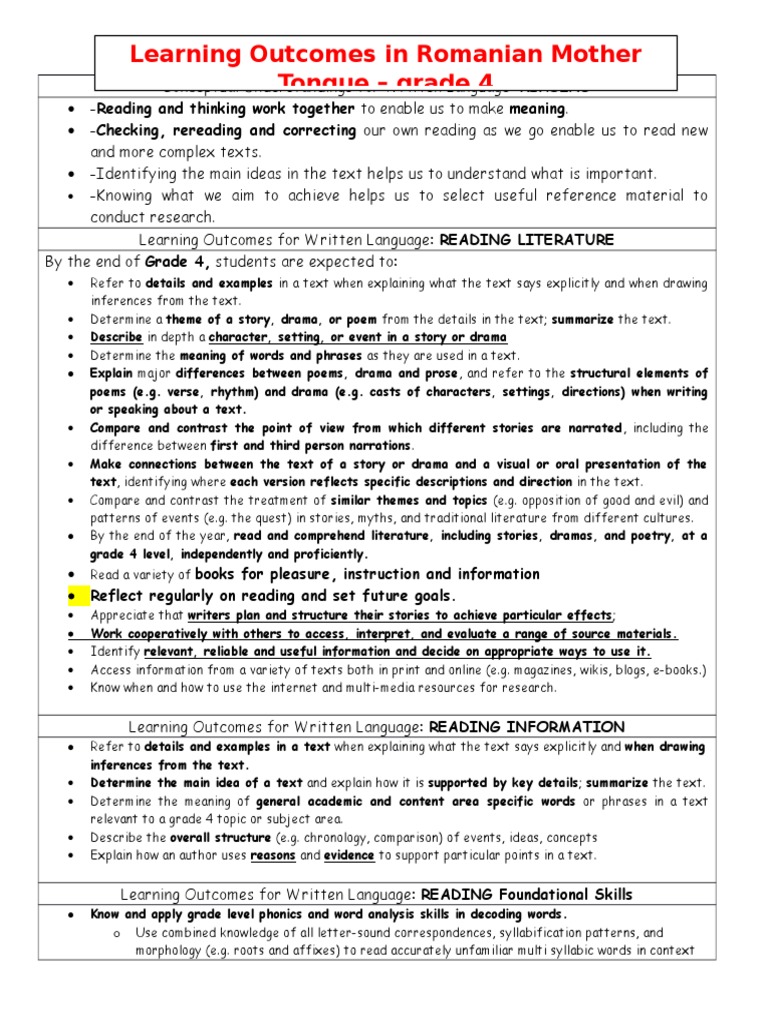 RMT Grade 4 Learning Outcomes | PDF | Narrative | Word