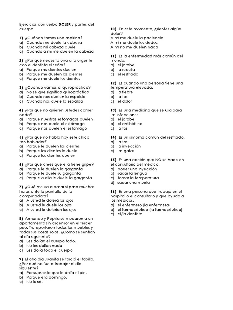 Ejercicios del verbo doler en español | PDF | Resfriado comun ...