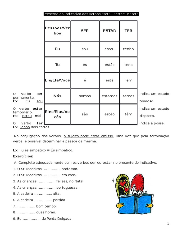 Presente Do Indicativo Dos Verbos Ser, Estar e Ter | PDF | Artes ...