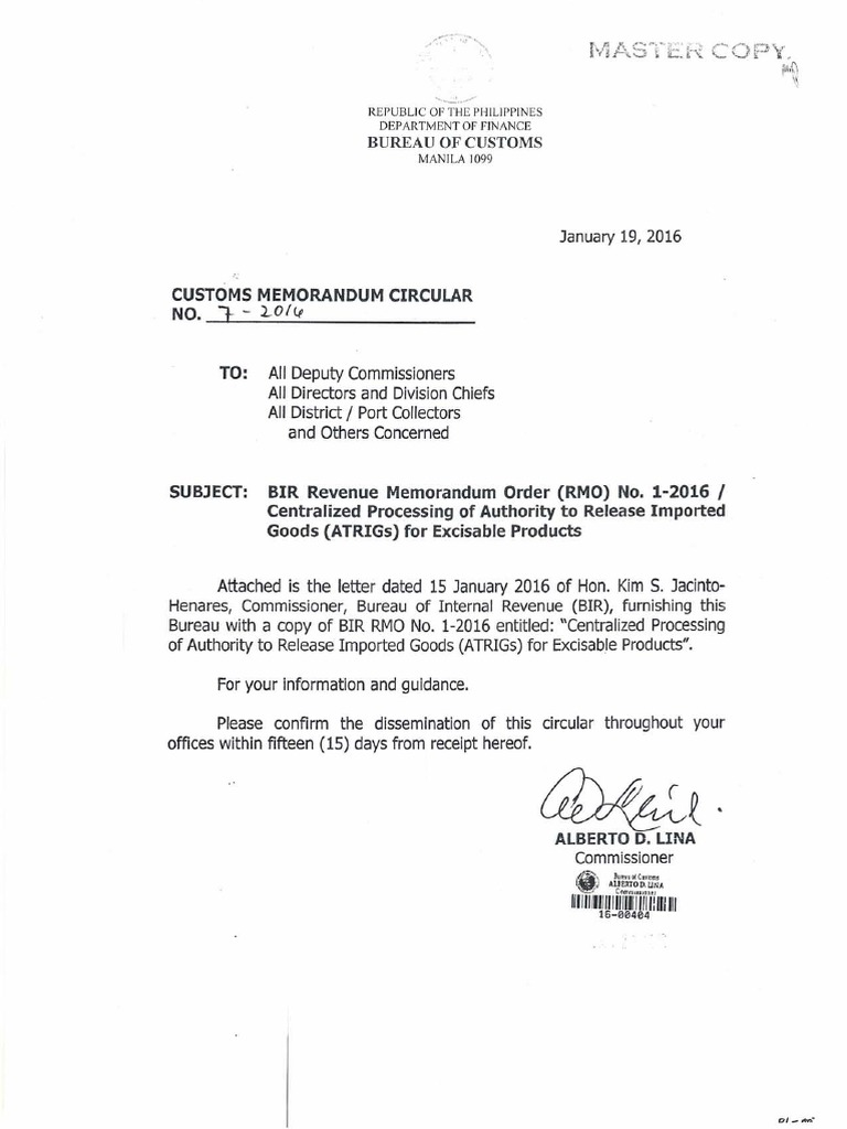 Bureau of Customs CMC 7 2016 BIR RMO 1 2016 Centralized Processing of ...