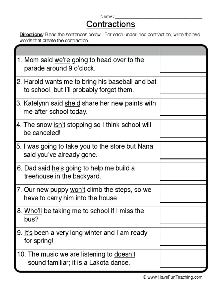 Contractions Worksheet Pdf With Answers Contractions With Not