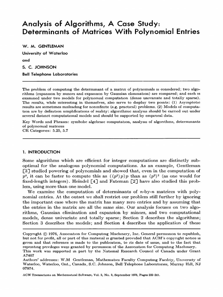 Analysis of Algorithms, A Case Study: Determinants of Matrices With Polynomial Entries | PDF ...