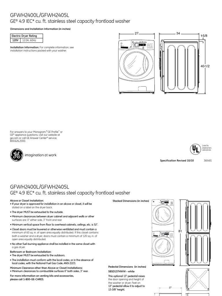 GE Washer GFWH2405LMS Specs | Clothes Dryer | Washing Machine