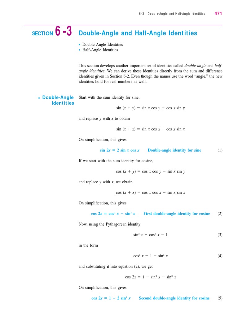 Double Angle and Half Angle Identities | PDF | Trigonometric Functions ...