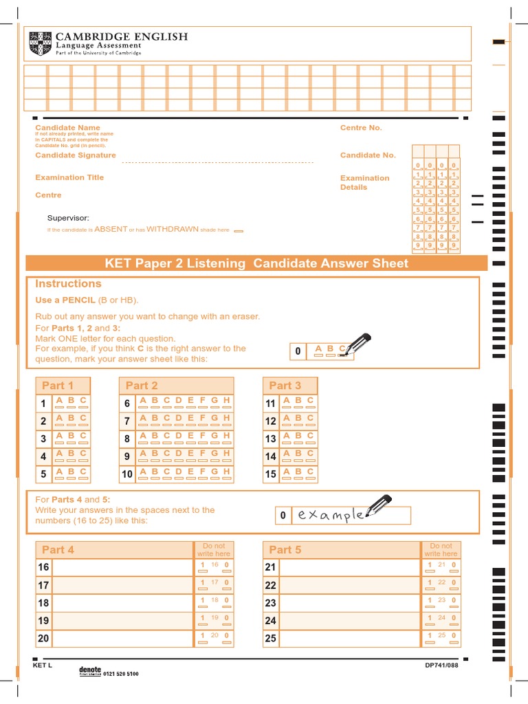 KET Listening Answer Sheet