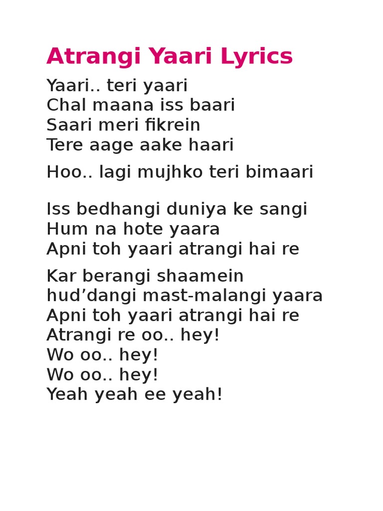 Atrangi Yaari Lyrics | PDF