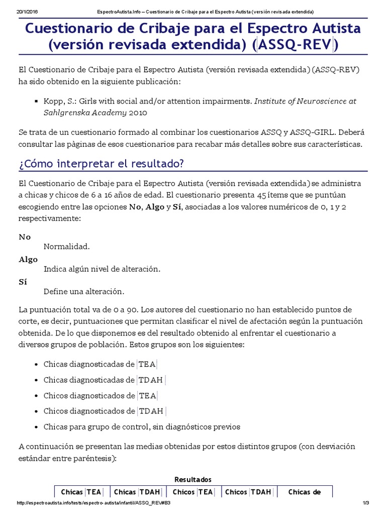 ASSQ-REV Cuestionario de Cribaje para El Espectro Autista | Descargar ...