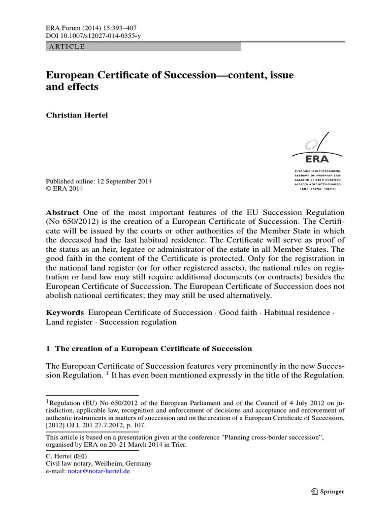 European Certificate of Succession | PDF | Jurisdiction | Will And ...