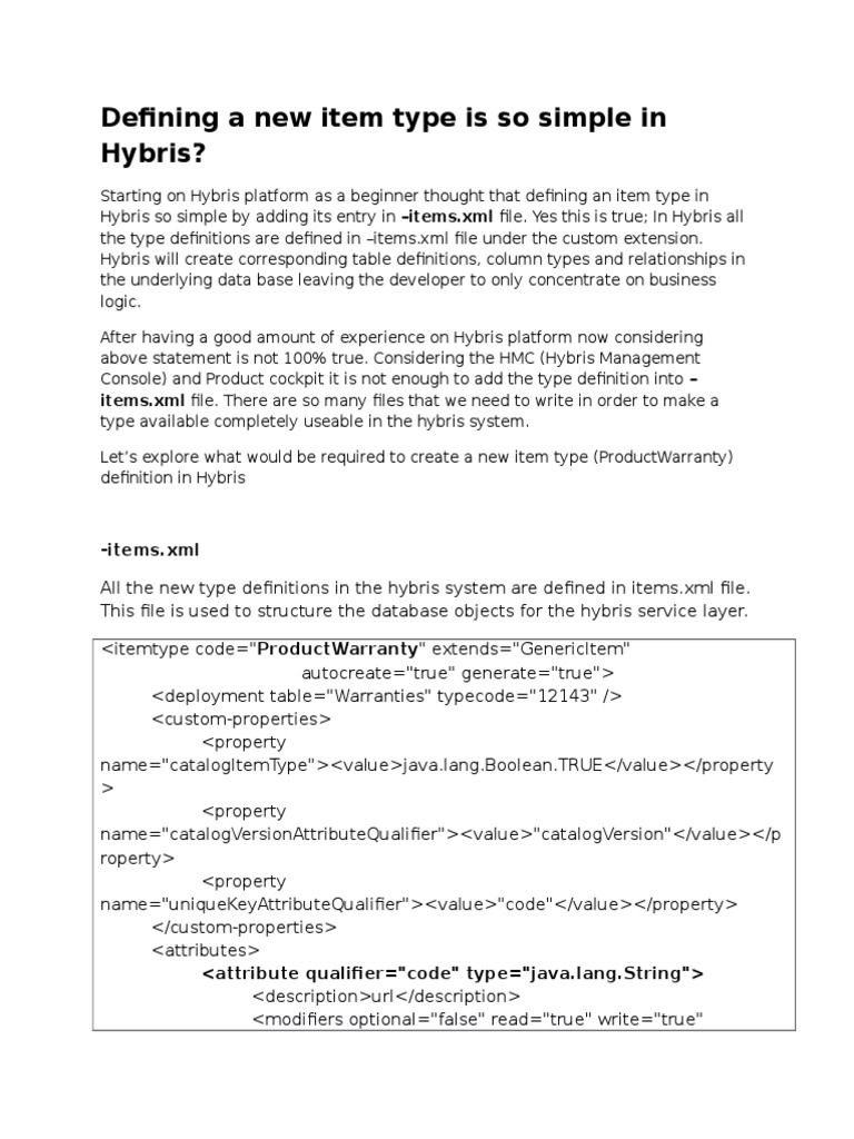 Hybris Item Type Setup Guide | PDF | Xml | Boolean Data Type