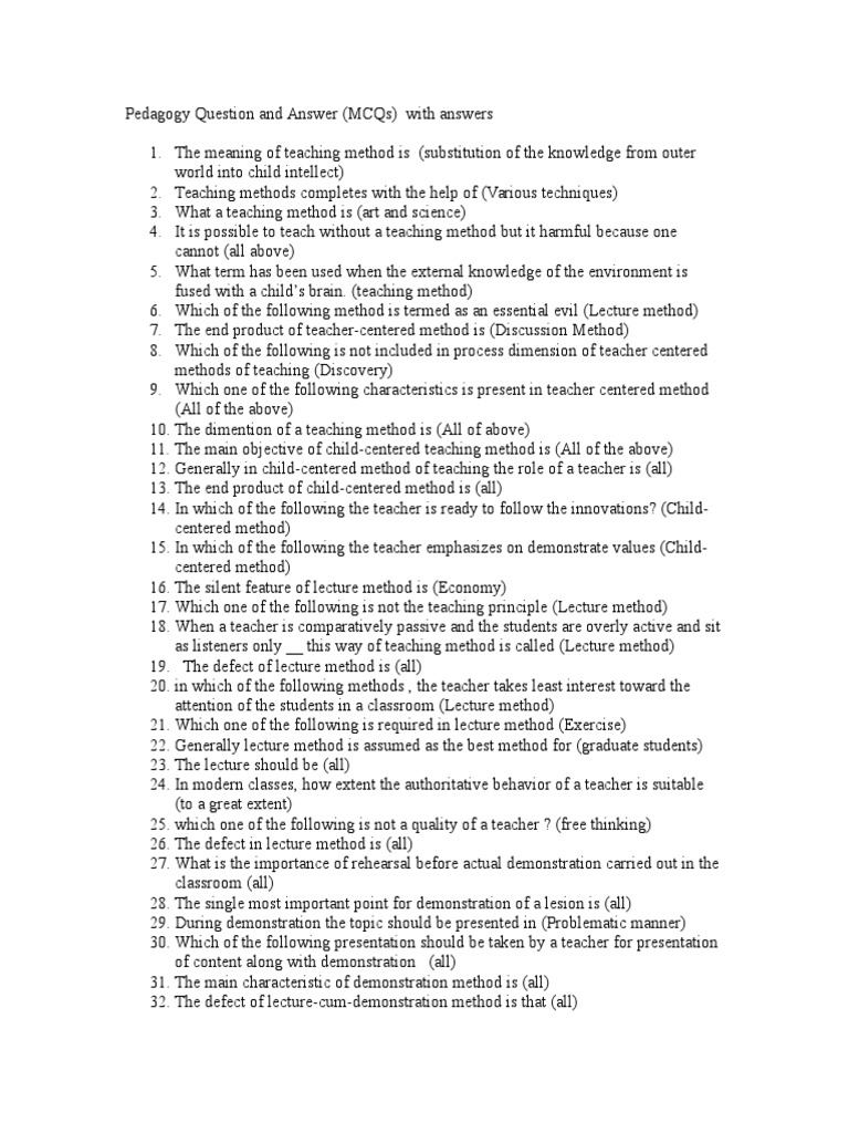 Pedagogical Methods Question Bank: An Analysis of Teaching Techniques ...