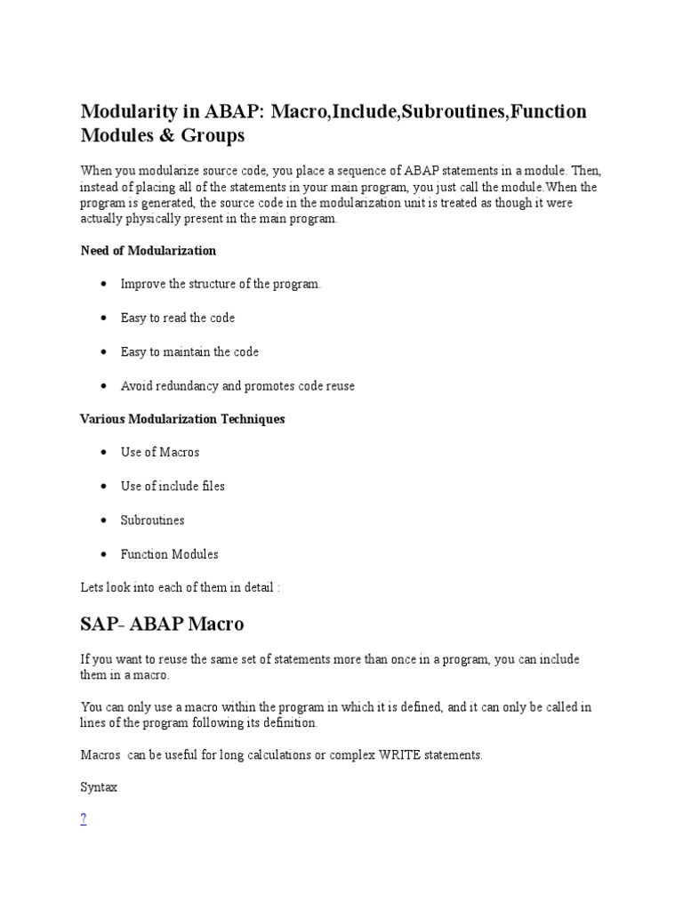3modularity in ABAP | PDF | Subroutine | Macro (Computer Science)