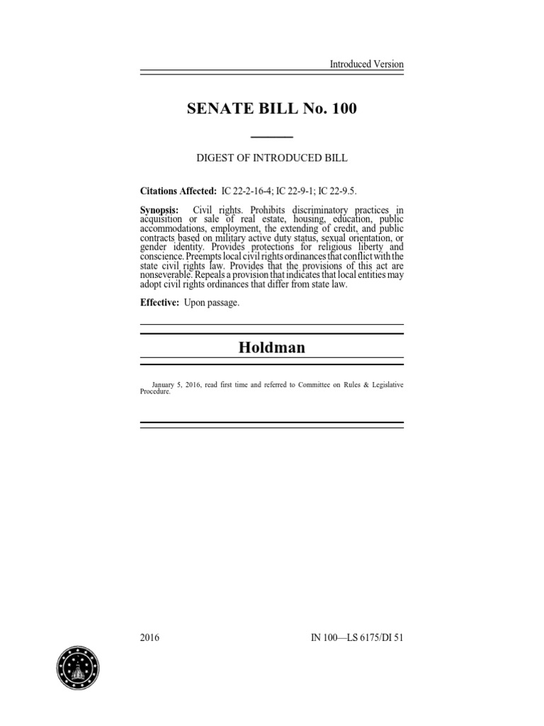 Senate Bill No. 100 - : Digest of Introduced Bill | PDF ...