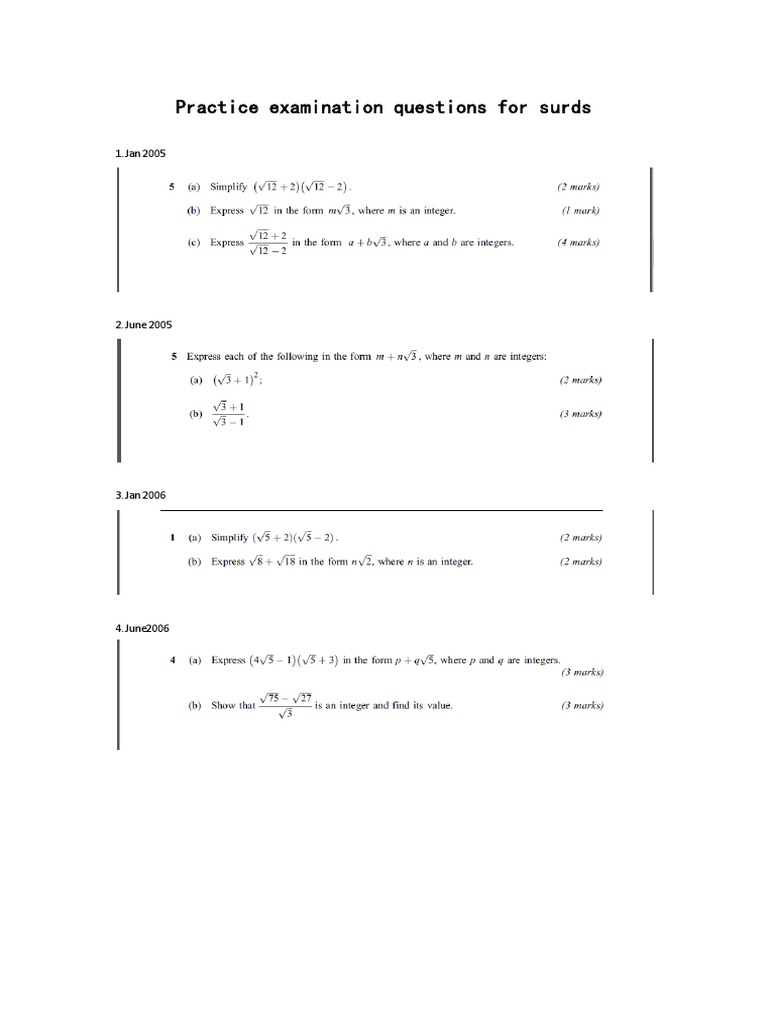 Surds Practice Exam Questions List | PDF