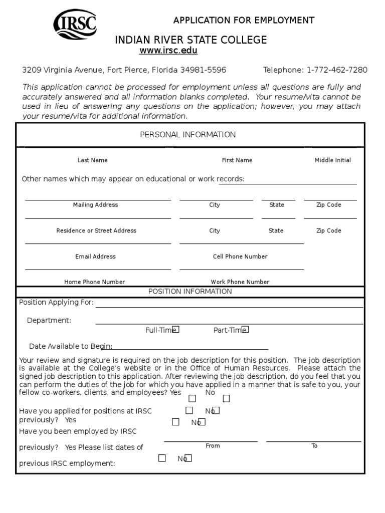 IRSC Employment Application Form | PDF | Social Security Number ...