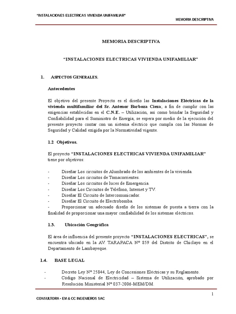 Memoria Descriptiva - Instalaciones Eléctricas | PDF | Enchufes y tomas de corriente alterna | Cobre