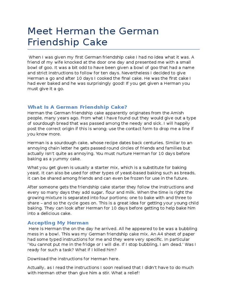 Meet Herman The German Friendship Cake | PDF | Cakes | Sourdough