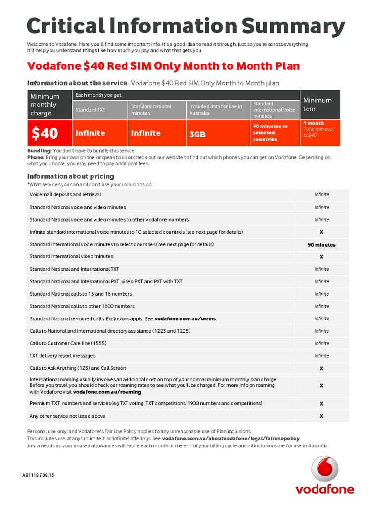 Critical Information Summary: Vodafone $40 Red SIM Only Month To Month ...