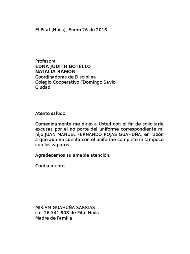 Modelo Excusa Estudiante - Uniforme | PDF