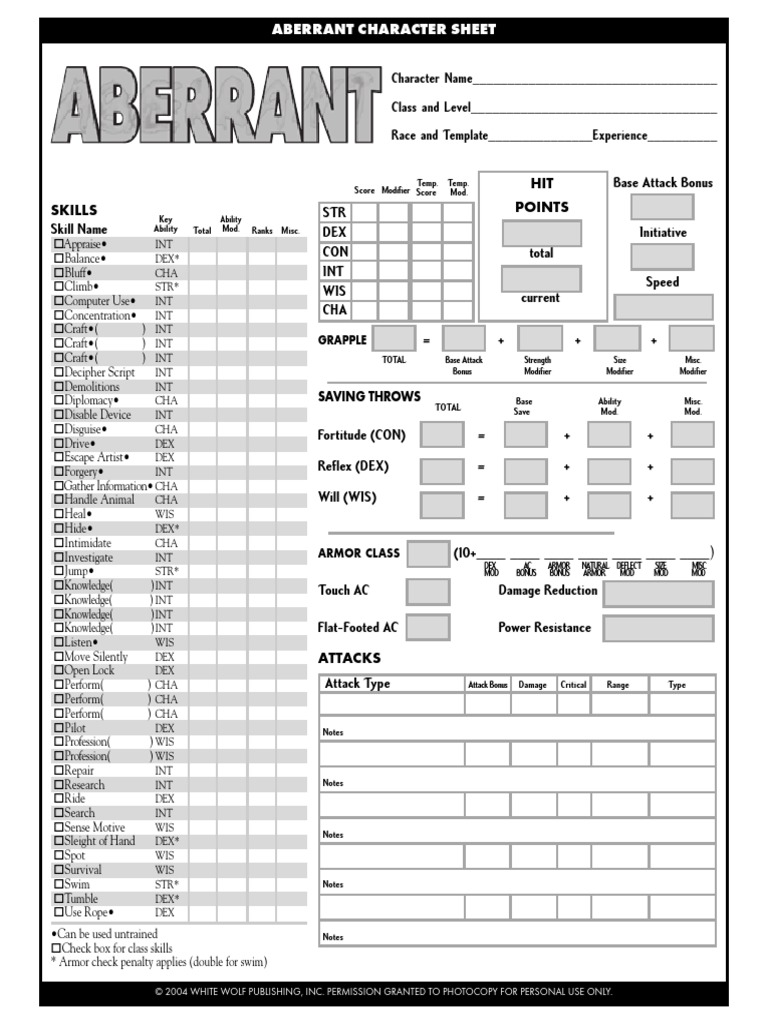 Aberrant D20 Character Sheet | PDF