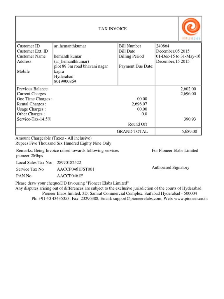 Pioneer Broadband Invoice | PDF