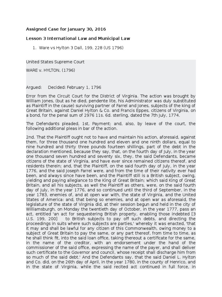 Ware v. Hylton Case Overview | PDF | Demurrer | Treaty