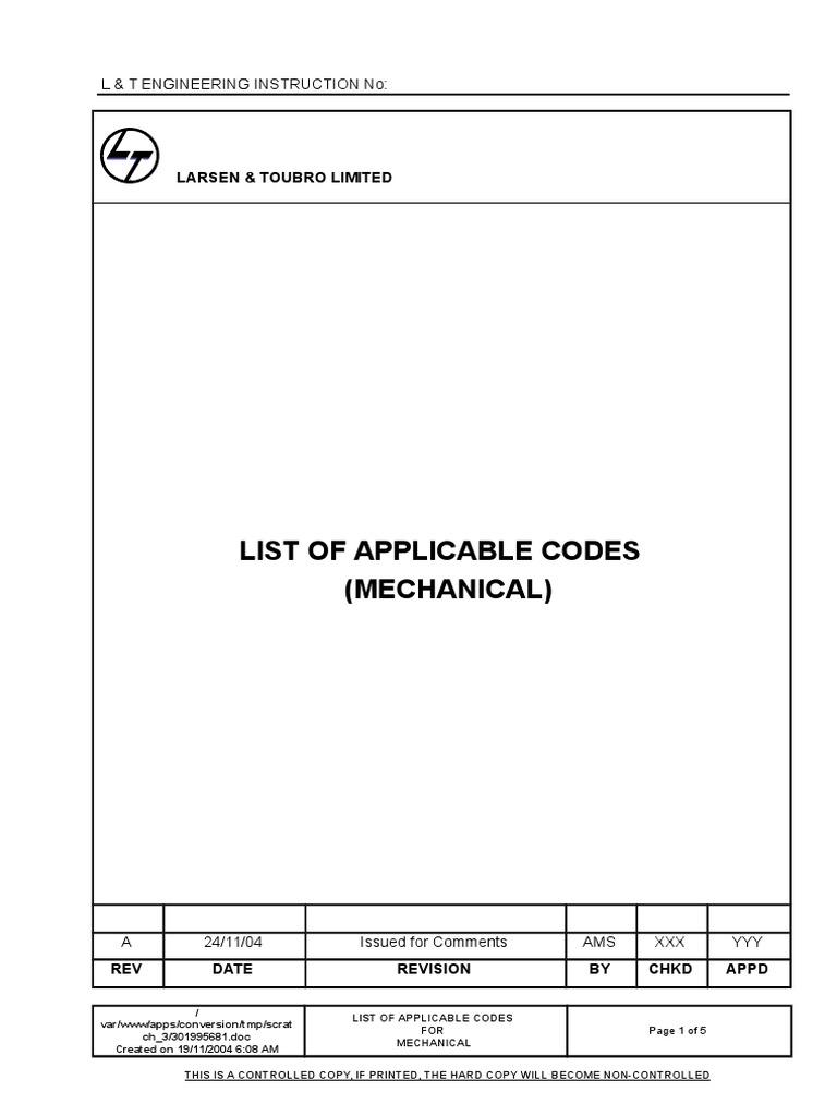 List of Codes & Standards - Mechanical | PDF | Pipe (Fluid Conveyance ...