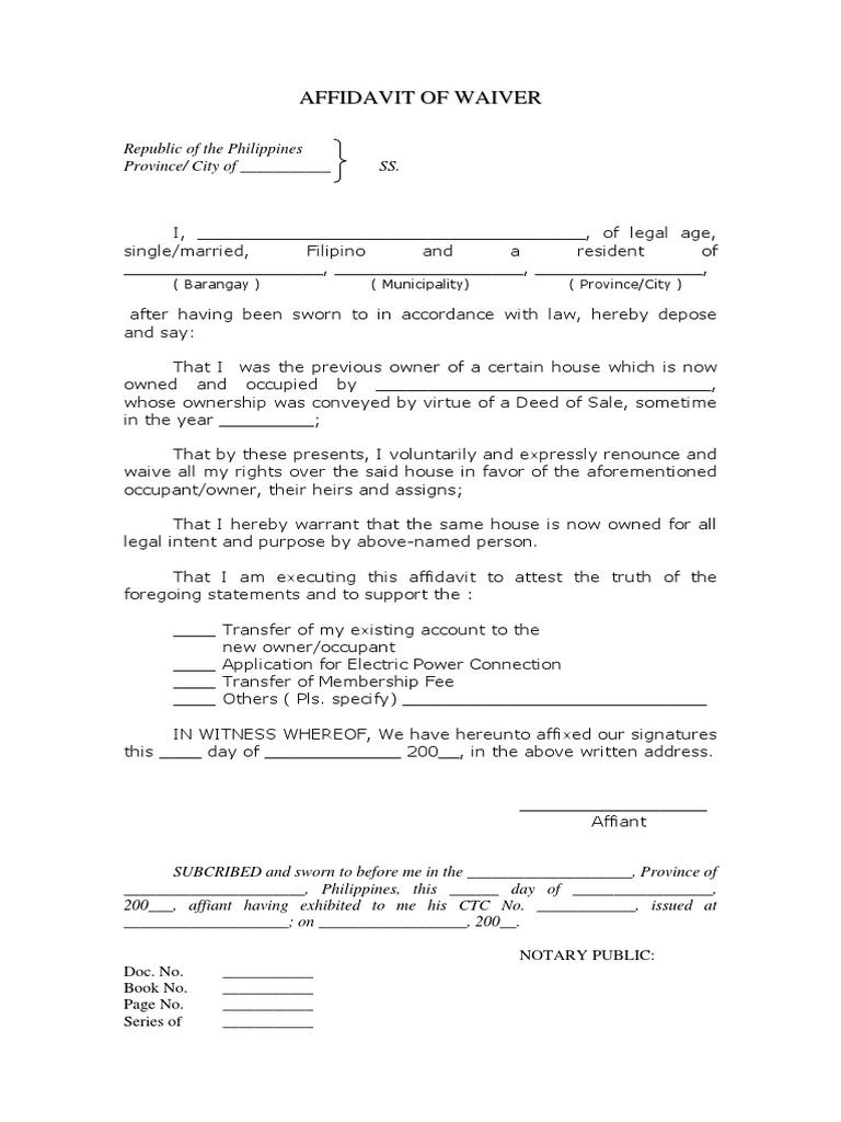 Affidavit of Waiver -Members New | Affidavit | Notary Public