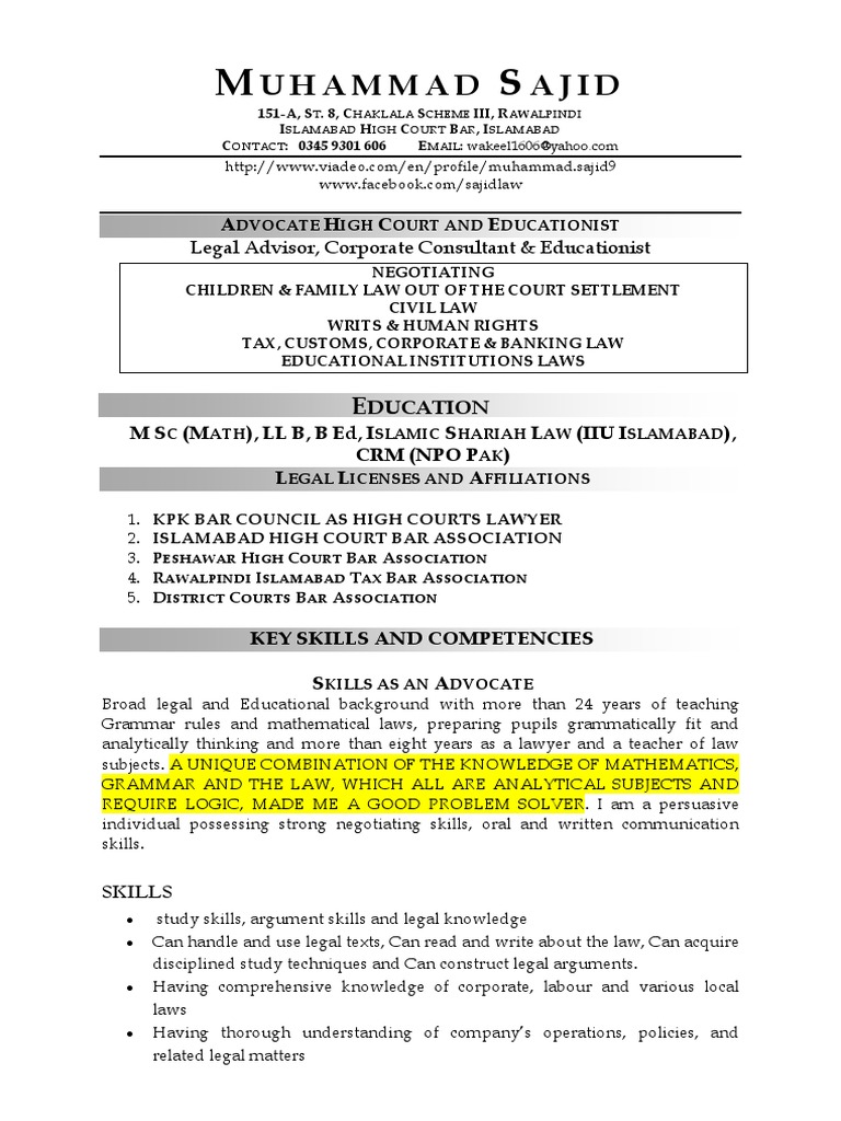 CV of Muhammad Sajid Advocate Pakistan | PDF | Lawyer | Advocate
