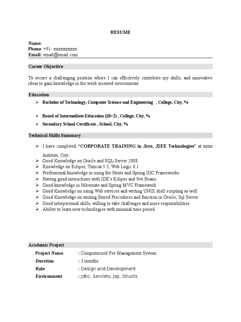 Java Fresher Resume 1 | PDF | Computers | Technology & Engineering