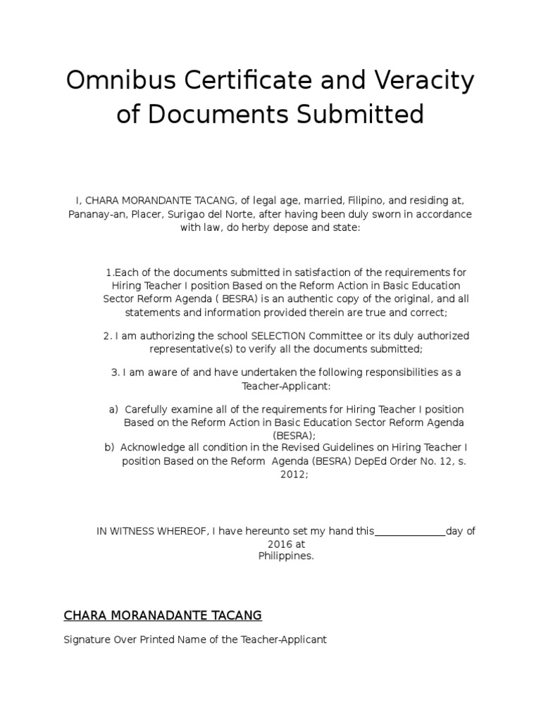 Omnibus Certificate and Veracity of Documents Submitted: Chara ...
