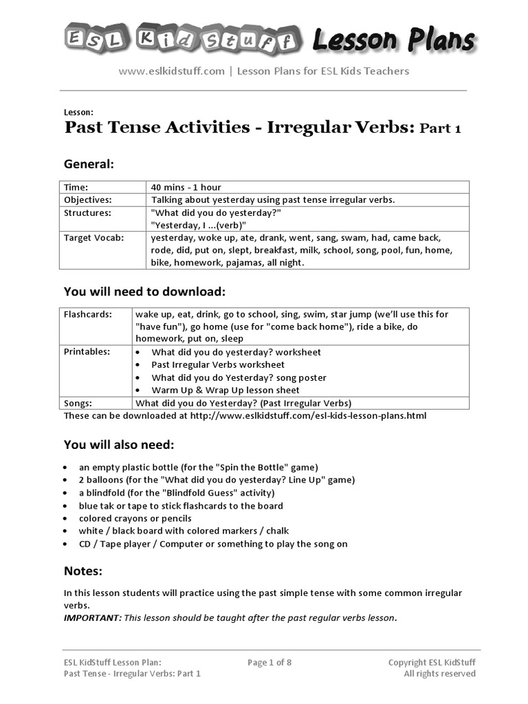 Past Tense Irregular Verbs Lesson Plan 01 | PDF | Language Arts ...
