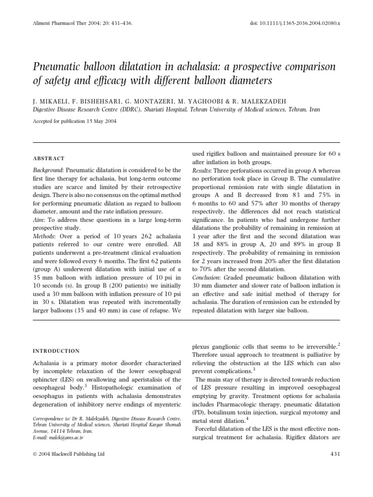Pneumatic Balloon Dilatation in Achalasia: A Prospective Comparison of ...